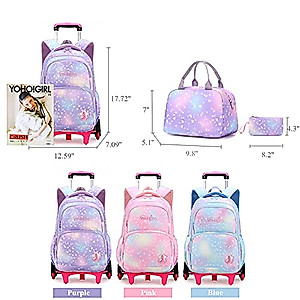 LANSHIYA 3Pcs Rolling Backpack for Girls Dream Princess Wind Bookbag with Wheels Travel Bag Trolley School Bag with Lunch Box Blue