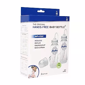 Hands-Free Baby Bottle - Anti-Colic Self Feeding 9 oz Baby Bottle Nursing System with Fast Flow Nipple/Teat 3m+ Infant (2 Bottles - Podee Blue)