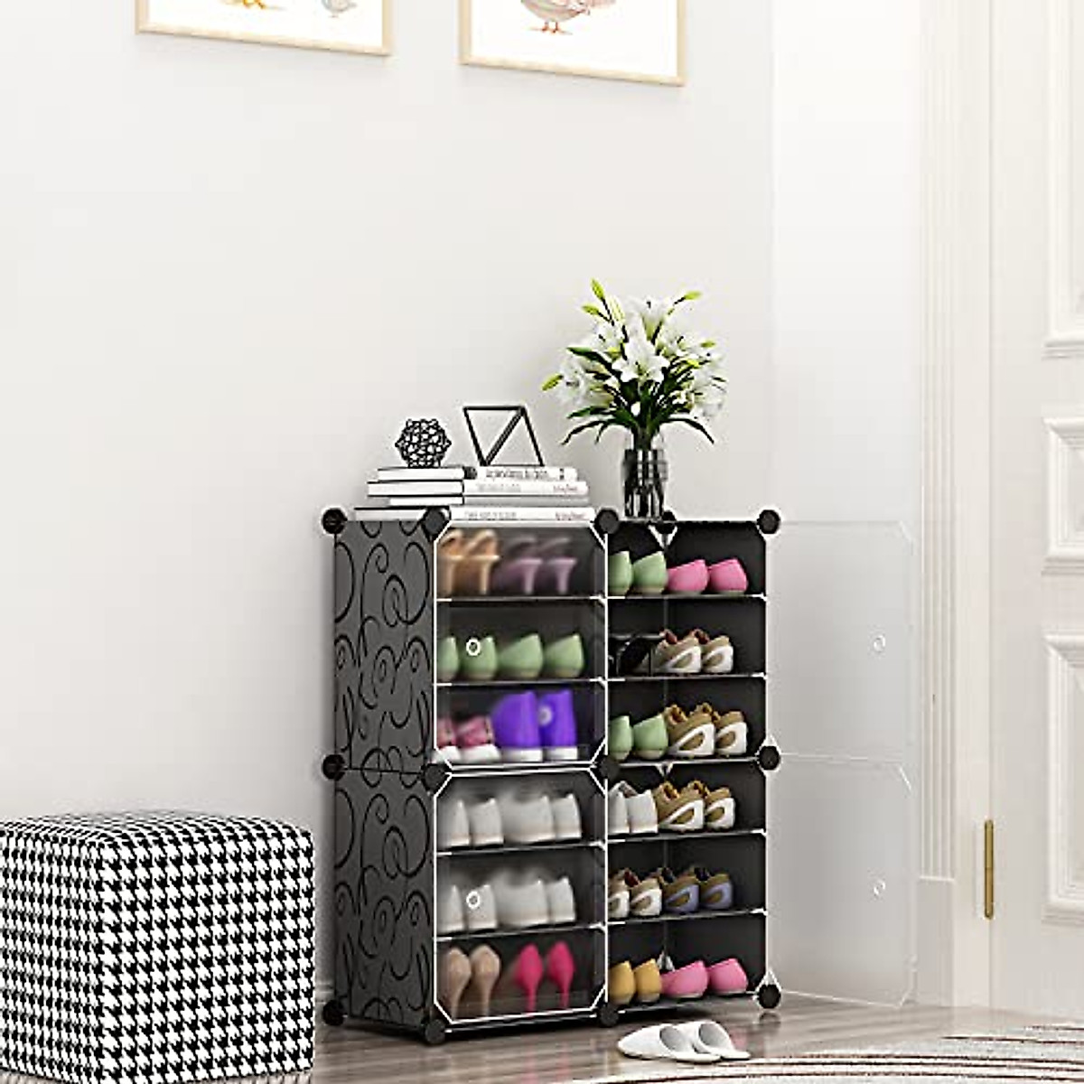 Anenz Shoe Storage Shelf Shoes Cabinet 24 Pair Portable Closet Shoe Rack Shelves Organizer for Closet Entryway ,Free Standing Show Shelf Black Shoes Closet with Doors for for Entryway,Hallway Bedroom