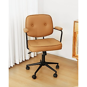 Small Office Desk Chair with Armrests Comfy Low Back Lumbar Support,Adjustable Height 360°Rolling Swivel Wheels,Modern PU Leather Office Task Chair,for Home, Bedroom,Office,Small Space (brown)