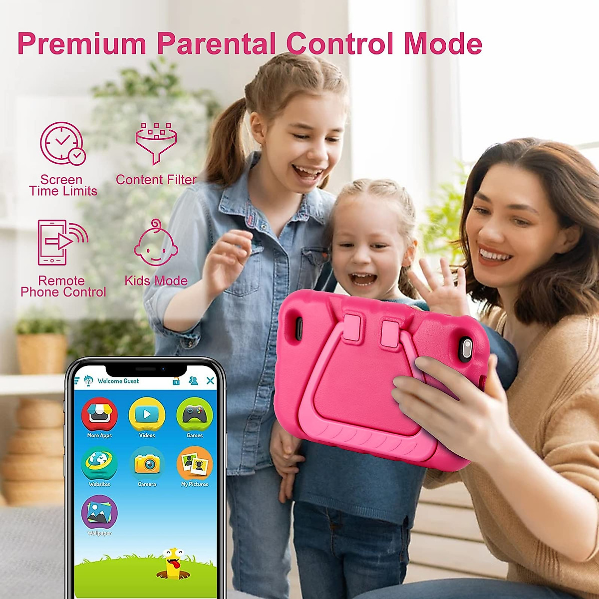 Oangcc Android Kids Tablet 7 inch Toddler Tablets for Children, Quad-Core 2GB RAM 32GB ROM (TF 128G), Parental Control, Drop-proof Case, Kids Edition WiFi 6 Tablet (Pink)