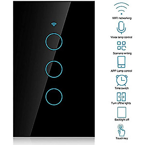 Smart WiFi Touch Switch Mobile Phone app Wireless Remote Control Wall lamp RF433 Glass Panel Supports Alexa & Google Home with LED Indicator Life/Tuya Application, Black, s010, 1way