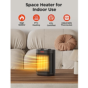 1500W Small Space Heater, Electric Heaters for Indoor Use, PTC Ceramic Space Heater with Adjustable Thermostat, Portable Space Heater for Bedroom and Office Desk Use, 3 Modes, Safety Quiet Heating