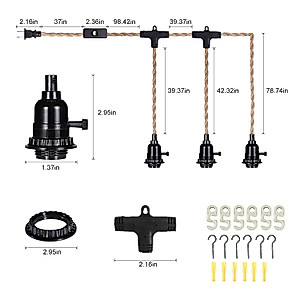 Plug in Hanging Light Fixture, 20FT 3 Bulbs Pendant Lamp Lights Cord with Switch Cord E26 Bulbs Socket, Industrial DIY Twisted Hemp Rope Overhead Lamps for Farmhouse Bedroom Home Lighting Decors