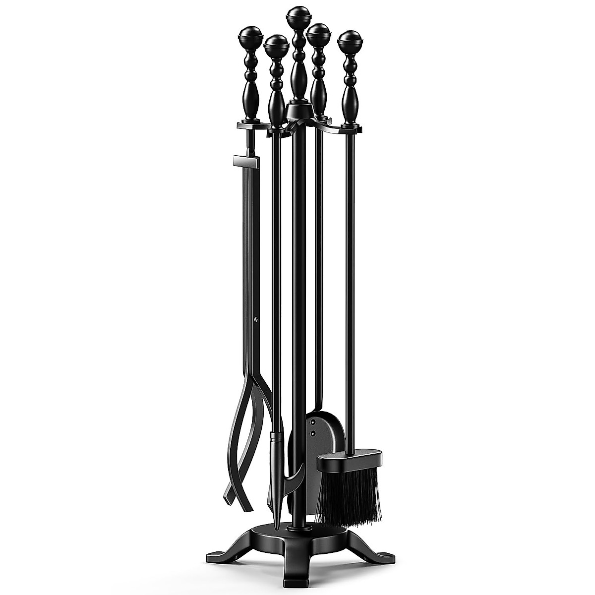 COMFYHOME 5 Piece Fireplace Tools Set, 32'' Heavy Duty Fireplace Tools with Stand, Fire Poker, Shovel, Tongs, Brush, Black Handle Fireplace Kits for Indoor Modern Chimney, Wood Stove, Outdoor Fire Pit