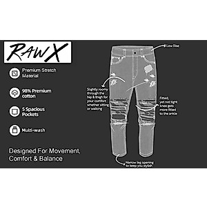 RAW X Men's Skinny Stretch Neon Trim Rip & Repair Jeans, Athletic Fit Destroyed Distressed Washed Denim Straight Leg Pants, Neon 90015 - Jet Black, 48W x 32L