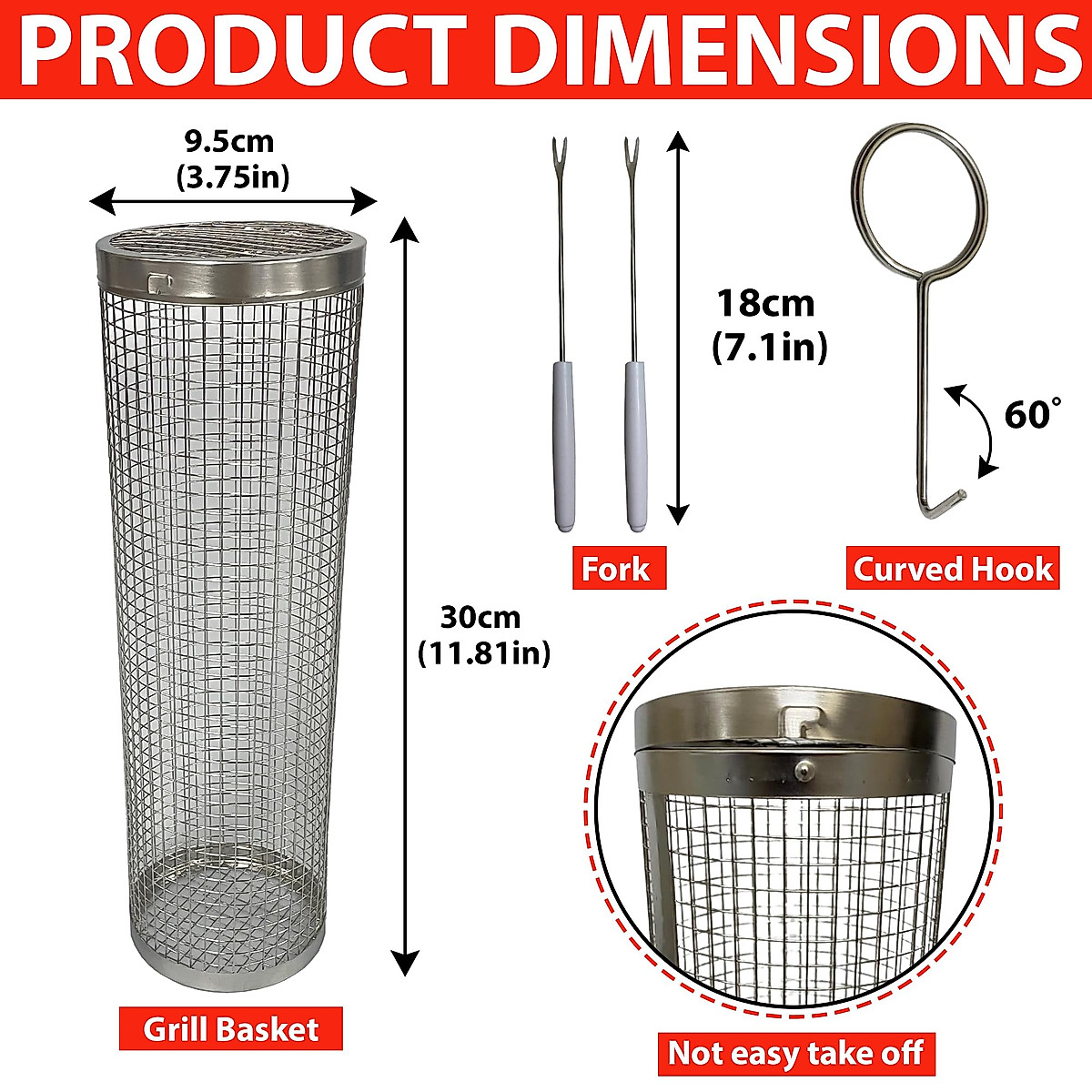 Sunmikosh Rolling Grilling Basket - Barbecue Portable Roll Grill Basket for Outdoor Camping - Stainless Steel BBQ Net Tube Grill Basket, Suitable For Fish, Kabob, Meat, Vegetables, French Fries