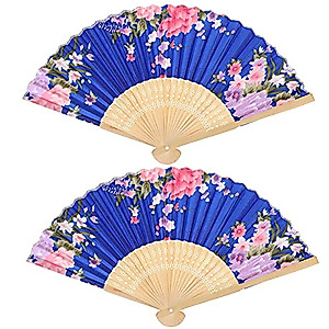 RAZZUM 2 Pcs Floral Folding Hand Fan Chinese Vintage Retro Silk Handheld Fans with Frames for Wedding Dancing Church Party Gifts Blue Fan