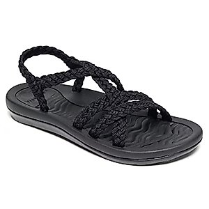 MEGNYA Comfort Braid Strap Sandals for women, Athletic Sport slides with Adjustable Waterproof Ropes, Open Toe Hiking Sandals with Cushion Foam Rubber Soles Black Size 6