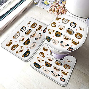 Moslion Cartoon Pug Puppies Bath Mat Dog Funny Lovely Animal Cute Face Smile Tongue Expression Bathroom Mat 3 Piece Set Non-Slip Bathmat Antiskid Pad Doormat and Toilet Lid Cover Set