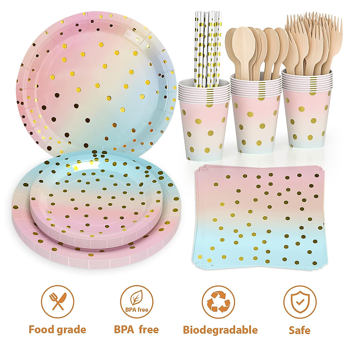 Dn Dennov 168PCS Pink and Gold-Pastel Party Supplies, Severs 24 Disposable Party Dinnerware Include Paper Party Plates,Cups,Napkins,Straw,Wooden Fork Spoon for Wedding,Christmas(Trompe l'oeil Gold)