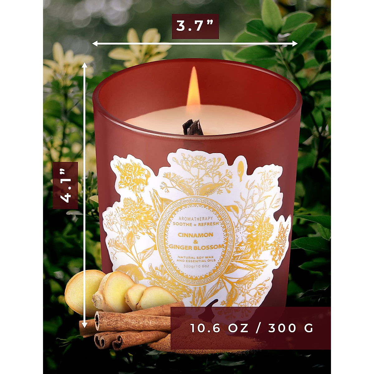 Cinnamon Ginger Blossom Wood Wick Scented Candle | Big Candle for Home Decor 10.6 oz Scented Soy Candle, Relaxing Candles for Women and Men, Aromatherapy Candle Gift