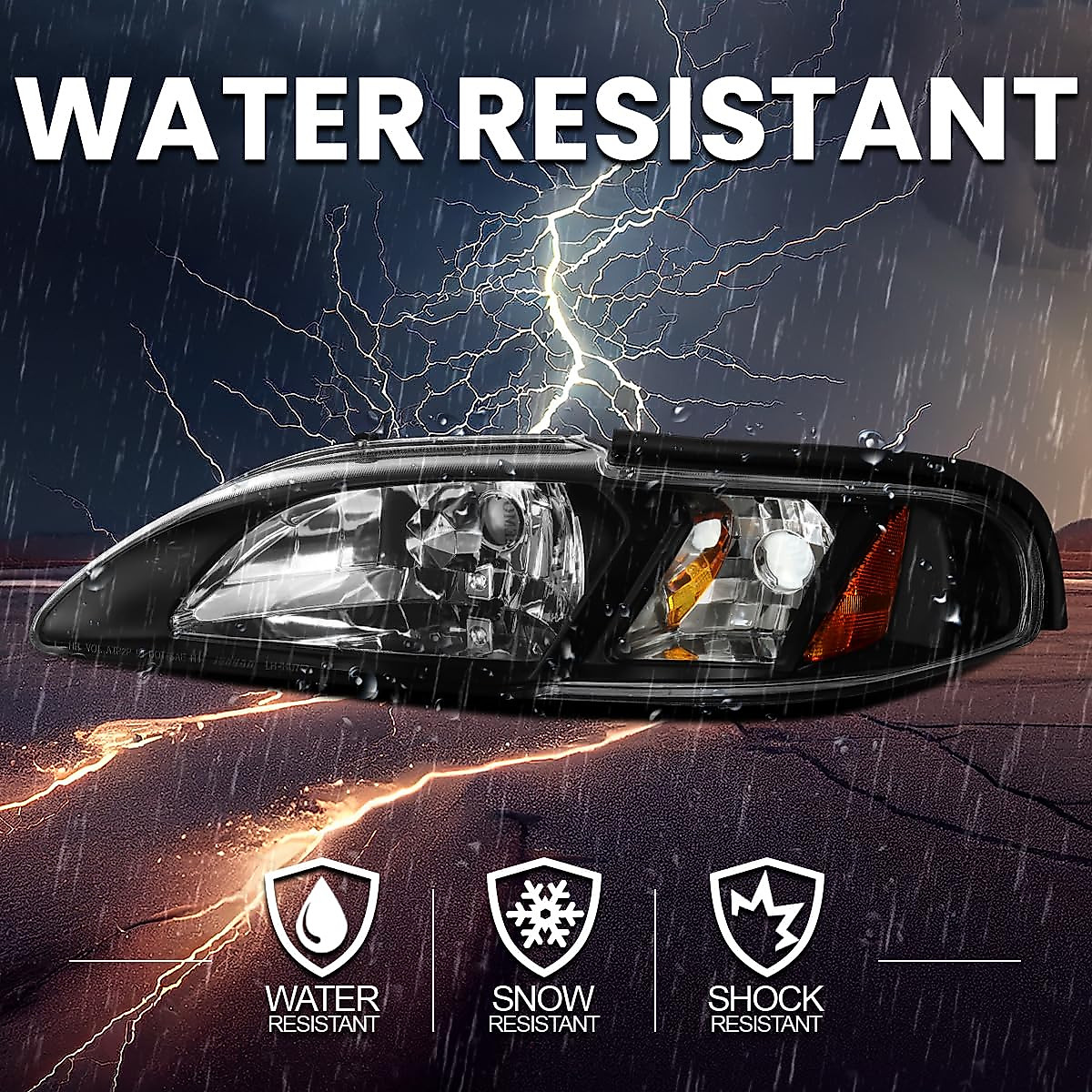 SPEC-D TUNING Black Housing Clear Lens 1PC Headlights + Corner Lights Compatible with 1994-1998 Ford Mustang L+R Pair Head Light Lamp Assembly