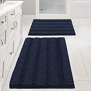 2 Piece Bathroom Set Bathroom Rugs Slip-Resistant Extra Absorbent Soft and Fluffy Striped Bath Mat Set Chenille Bath Rugs, Floor Mats Dry Fast Machine Washable (Navy Blue, 20" x 32"/17" x 24")
