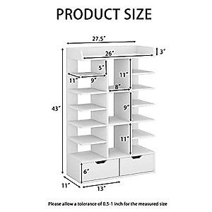 Waktavel 6 Tiers Vertical Shoe Rack, Wooden Shoe Rack Organizer with 2 Drawers and Open Top Free Standing Shoe Storage Stand for Entryway Hallway (White Shoe Rack 6 Tier)