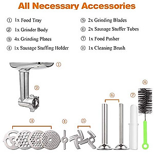 Meat Grinder Attachment for KitchenAid Stand Mixers, Accessories Included 2 Sausage Stuffer Tubes, Durable Metal Food Grinder Attachments by Kitchood, Silver