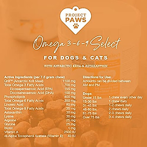 Project Paws Omega 3-6-9 Select Fish Oil for Dogs - Krill Oil Skin and Coat Supplement - 120 Count