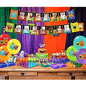 Monster 1st Birthday Decorations Kit - Monster Bash Photo Banner Balloons Cupcake Toppers for Little Monster Party Supplies