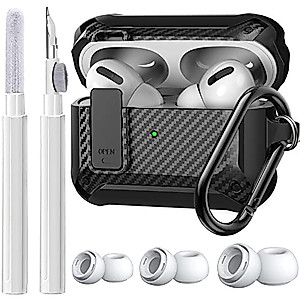 Olytop for Airpods Pro 2 Gen/Pro Case Lock with Cleaner kit&Replacement Ear Tips(S/M/L), Rugged AirPod Pro 2nd/1st Generation Protective Cover for iPod Pro 2019/2022 with Keychain, Black