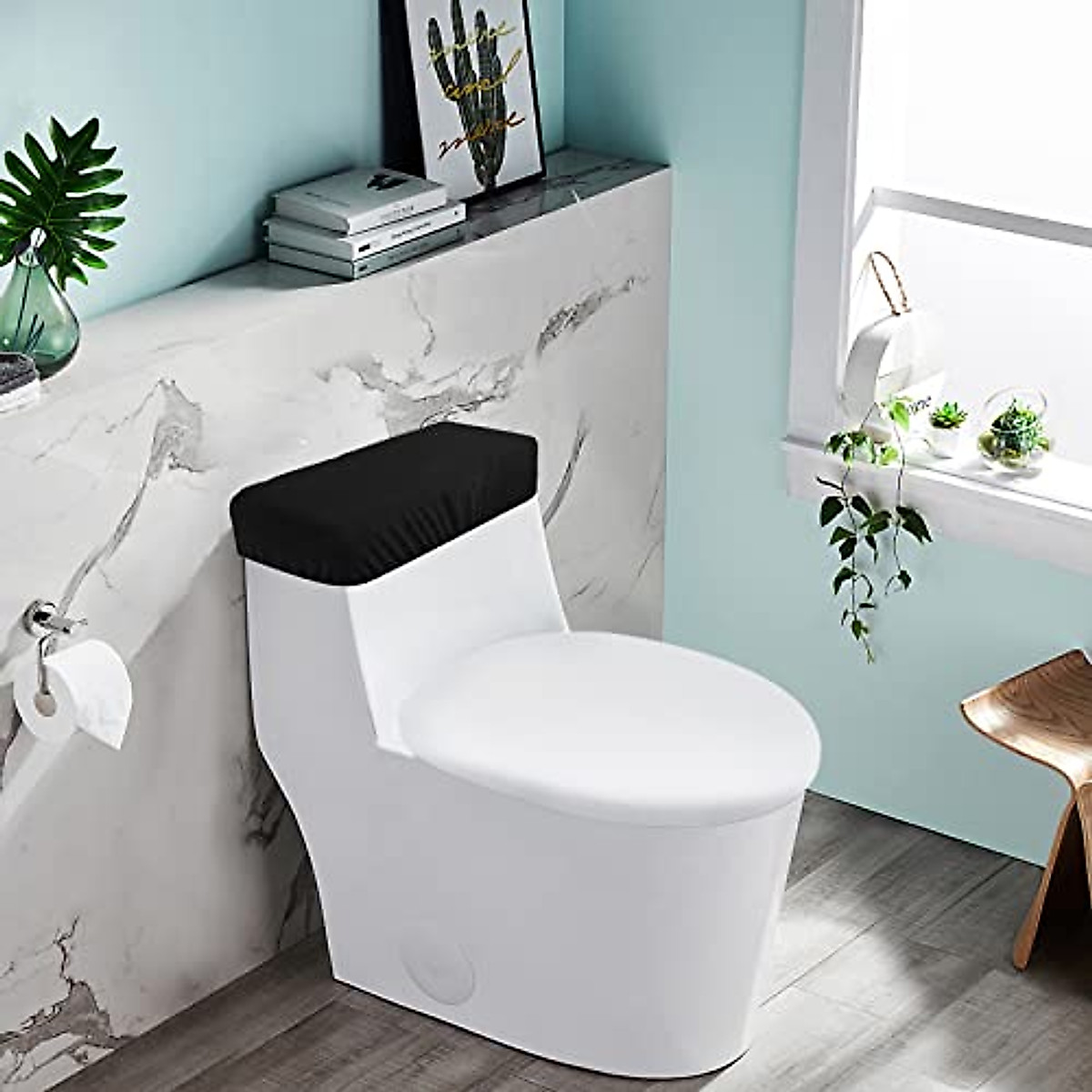 AZHCHKE Toilet Tank Lid Cover, Bathroom Stretch Washable Spandex Toilet Tank Protector Cover with Elastic Bottom, Black