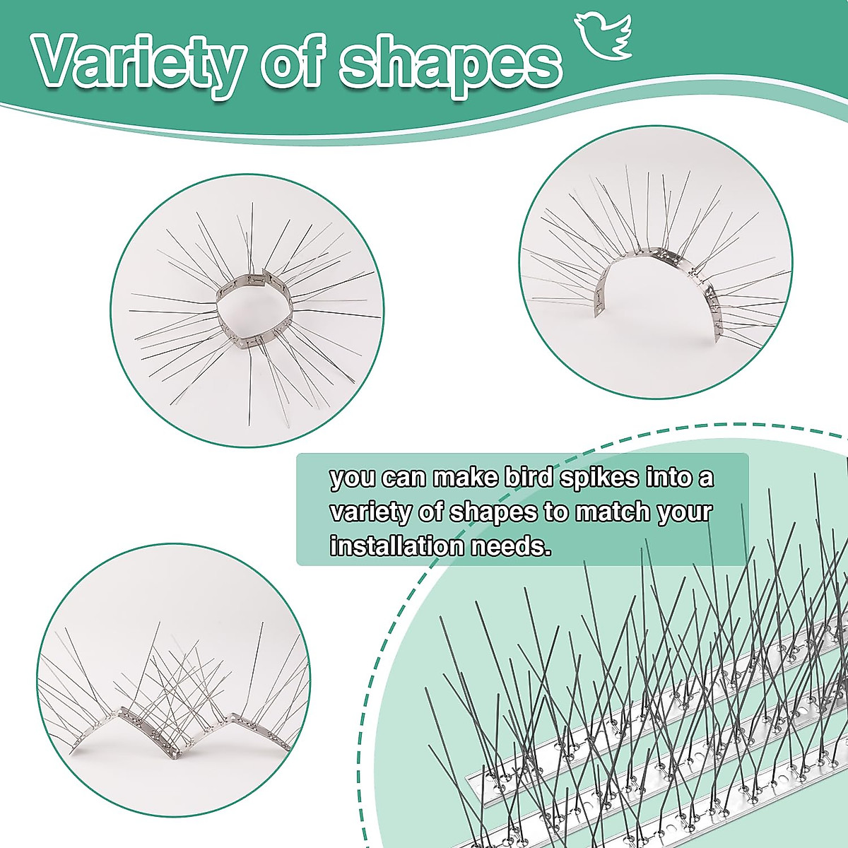 XPCARE 50.4 Feet Bird Spikes, Stainless Steel Bird Spikes Fence Spikes for Crow Robin Pigeon Squirrel Raccoon Defender Spikes (48 Packs Uninstalled)