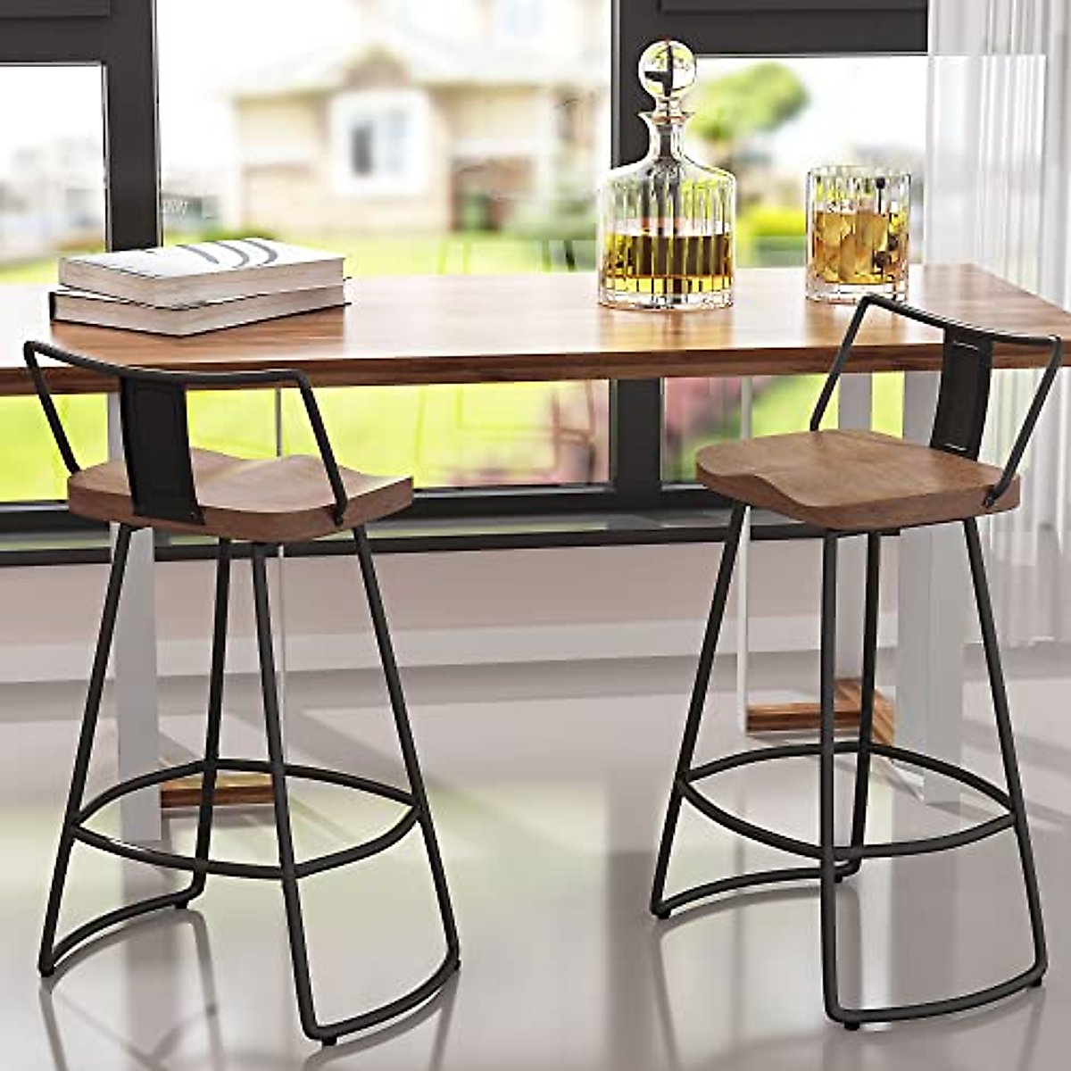 Andeworld 24" Bar Stools Set of 2 Swivel Counter Height Stools with Backrests Indurstrial Metal Bar Stools