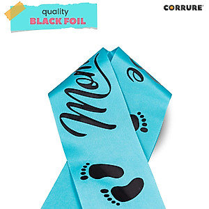 CORRURE Baby Shower Mom to Be Sash for Boy or Girl - Beautiful Blue Ribbon Sash and Black Foil Text - Ideal Gender Reveal, Baby Shower Favors, Welcome Baby, Mom to Be or Baby Sprinkle Gift