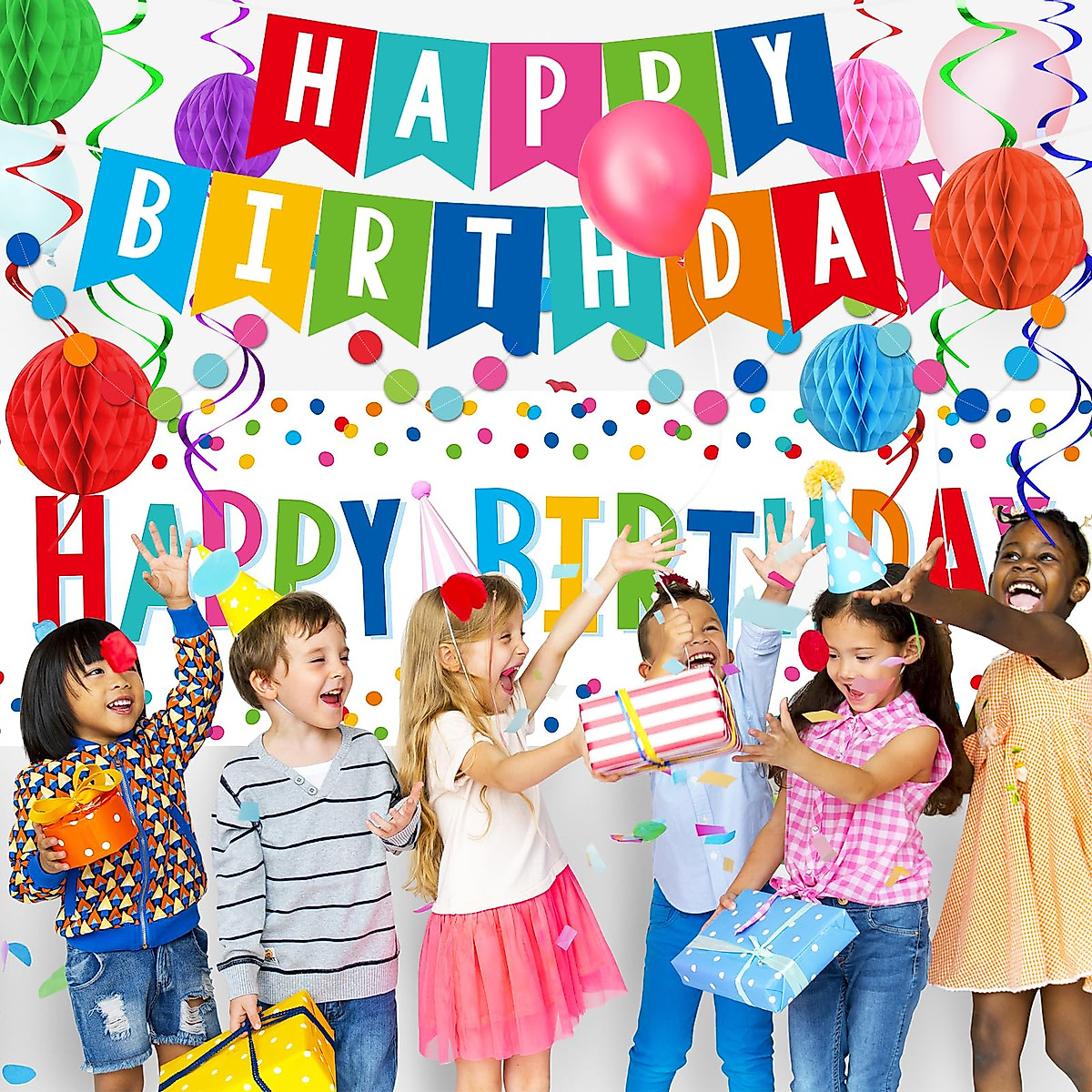 Happy Birthday Decorations Kit: Happy Birthday Banner,Birthday Dots Design Plastic Backdrop, Circle Confetti Garland, Swirl Streamers, Honeycomb Balls & Party Balloons - Table Centerpiece Set