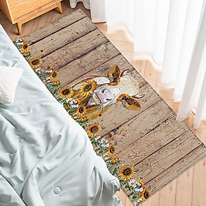 Set of 2 Non-Slip Kitchen Mat 2 Piece Sunflower Cow Comfort Standing Kitchen Mat Waterproof and Oil Proof Farmhouse Animals Cute Rustic Wood