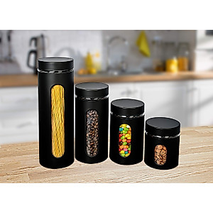 GADGETWIZ Canister Sets for Kitchen Counter - Matte Black Kitchen Decor and Accessories - Glass Canisters Sets for the Kitchen - Sugar Containers for Countertop - Kitchen Canisters Set of 4