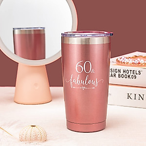 Crisky 60 & Fabulous Vacuum Insulated Tumbler for Women 60th Birthday Gifts for Wife, Mom, Sister, Aunt, Friends, Coworker Her, 20oz Rose Gold Tumbler with Box, Lid