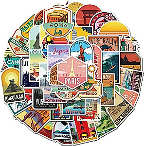 Travel Stickers - 50 Pack Around The World Stickers Map Decals Famous Tourism Country Waterproof Tourist Wonders Sticker Outdoor Decorations for Water Botter Laptop Gift to Kids Teens (Travel)