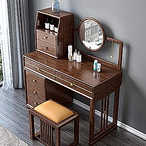 LEONYS Vanity Dressing Table or Makeup Desk with 7-Drawers, with Mirror,Cushioned Stool, Home Furniture Bedroom Makeup Vanity Table Stool Set