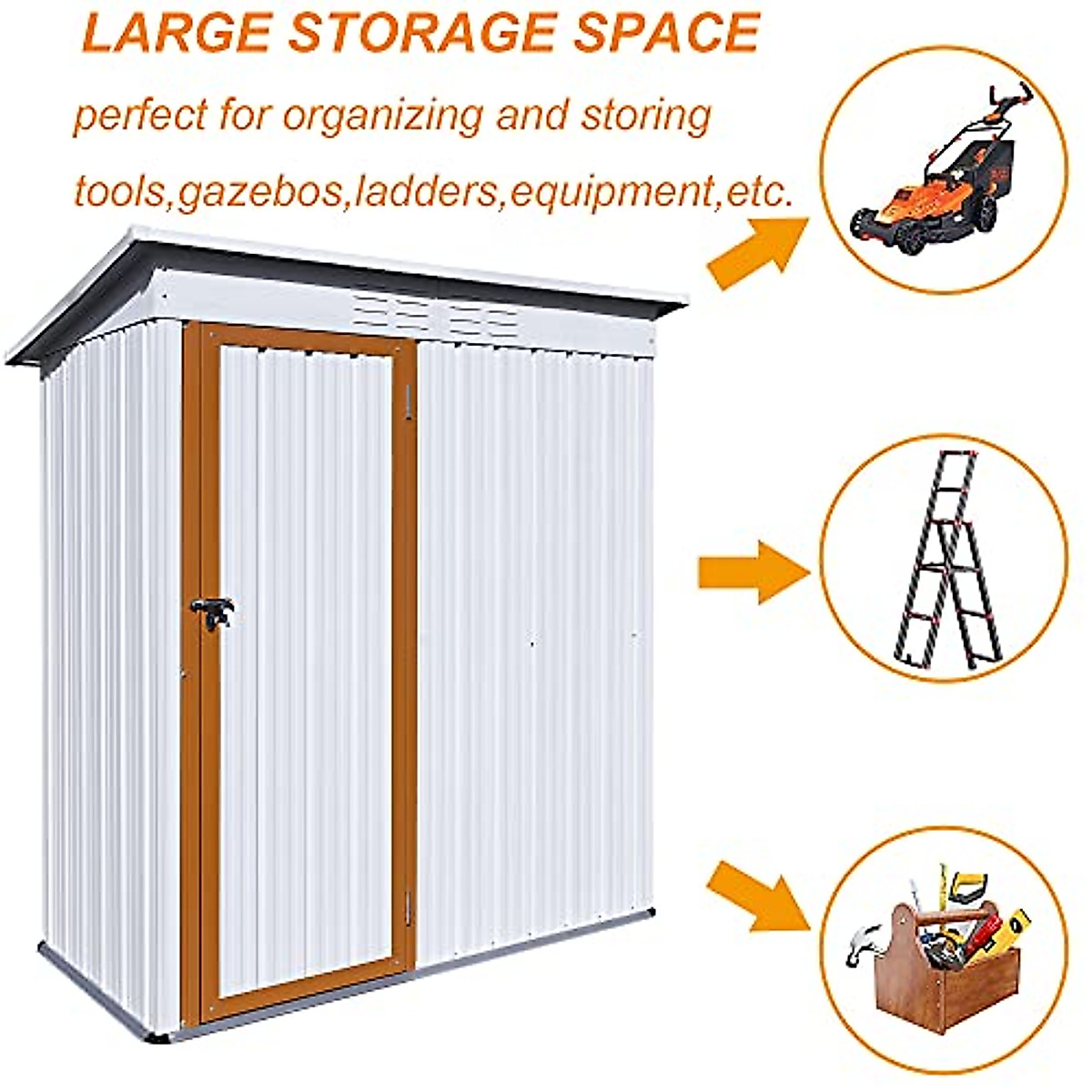 EMKK 5 X 3 Ft Outdoor Storage Shed, Galvanized Metal Garden Shed with Lockable Doors, Tool for Patio Lawn Backyard Trash Cans,Metal Sheds Lawn, White