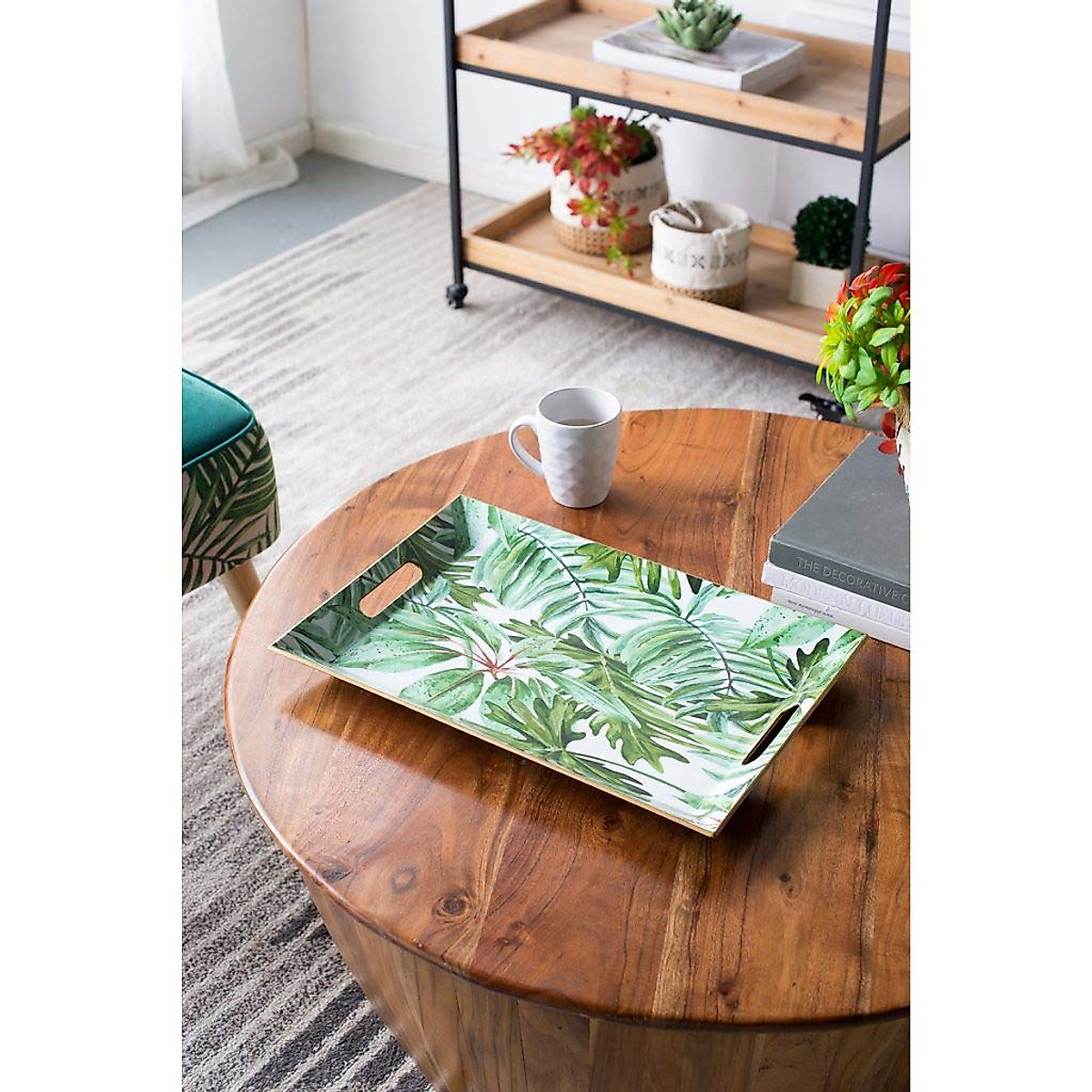 A & B Home Decorative Breakfast Tray Green Leaf Print Rectangular Serving Tray with Handles Food Safe Plastic 11.80" x 1.4" x 18"