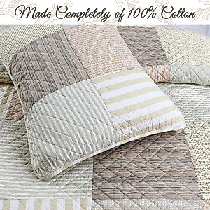 Cozy Line Home Fashions 100% Cotton Reversible Quilt Bedding Set, Classic Taupe Tan Striped Patchwork All-Season Coverlet Bedspread (Winter Plains, Queen-3 Piece)