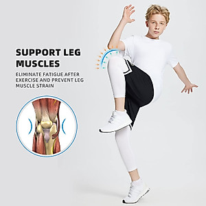 BALEAF One Leg Compression Tights Youth Basketball Leggings 3/4 Boys Sports Base Layer Capri Running Pants White M