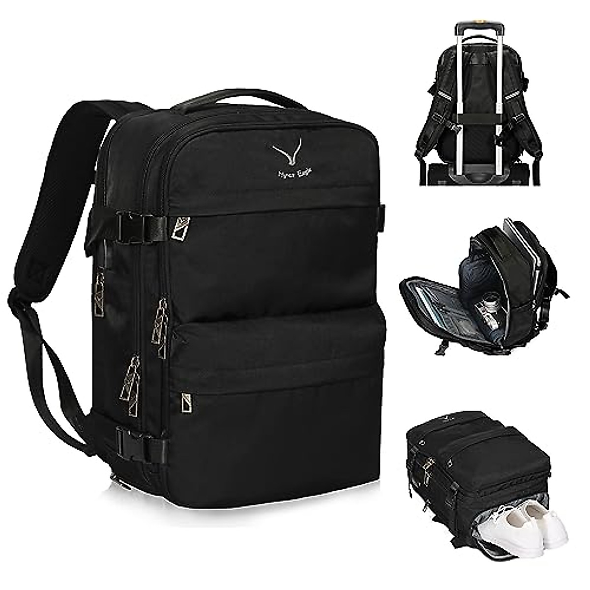 Hynes Eagle 2 in 1 Rolling Backpack 42L Backpack with Wheels Airline Approved Carry on Luggage Laptop Travel Backpack for Women Men Black with 20L Personal Item Underseat Bag Black