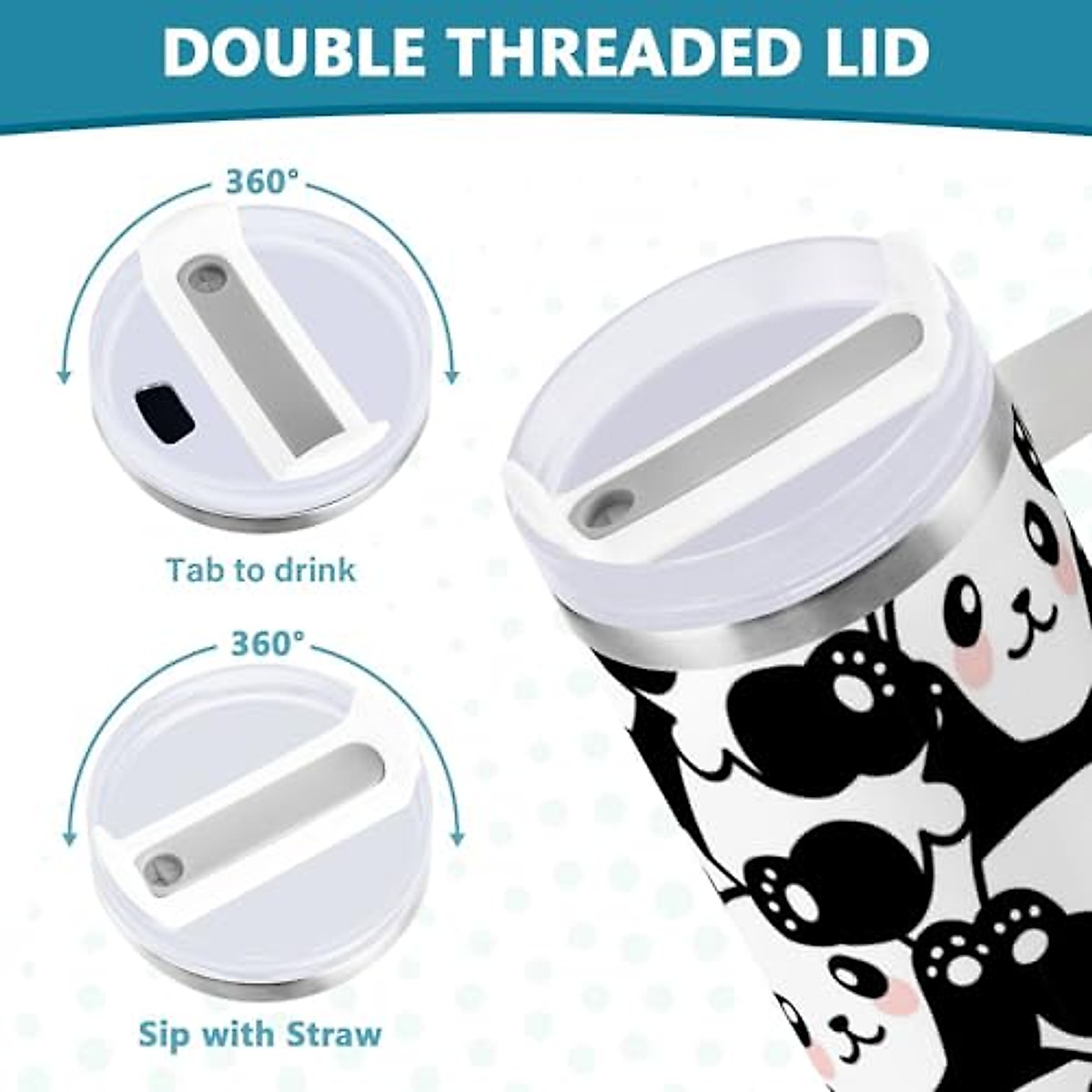 MCHIVER Cute Panda 30 oz Tumbler with Handle and Straw Stainless Steel Vacuum Water Bottle Leak-proof Travel Coffee Mug Insulated Tumbler for Home Office Car