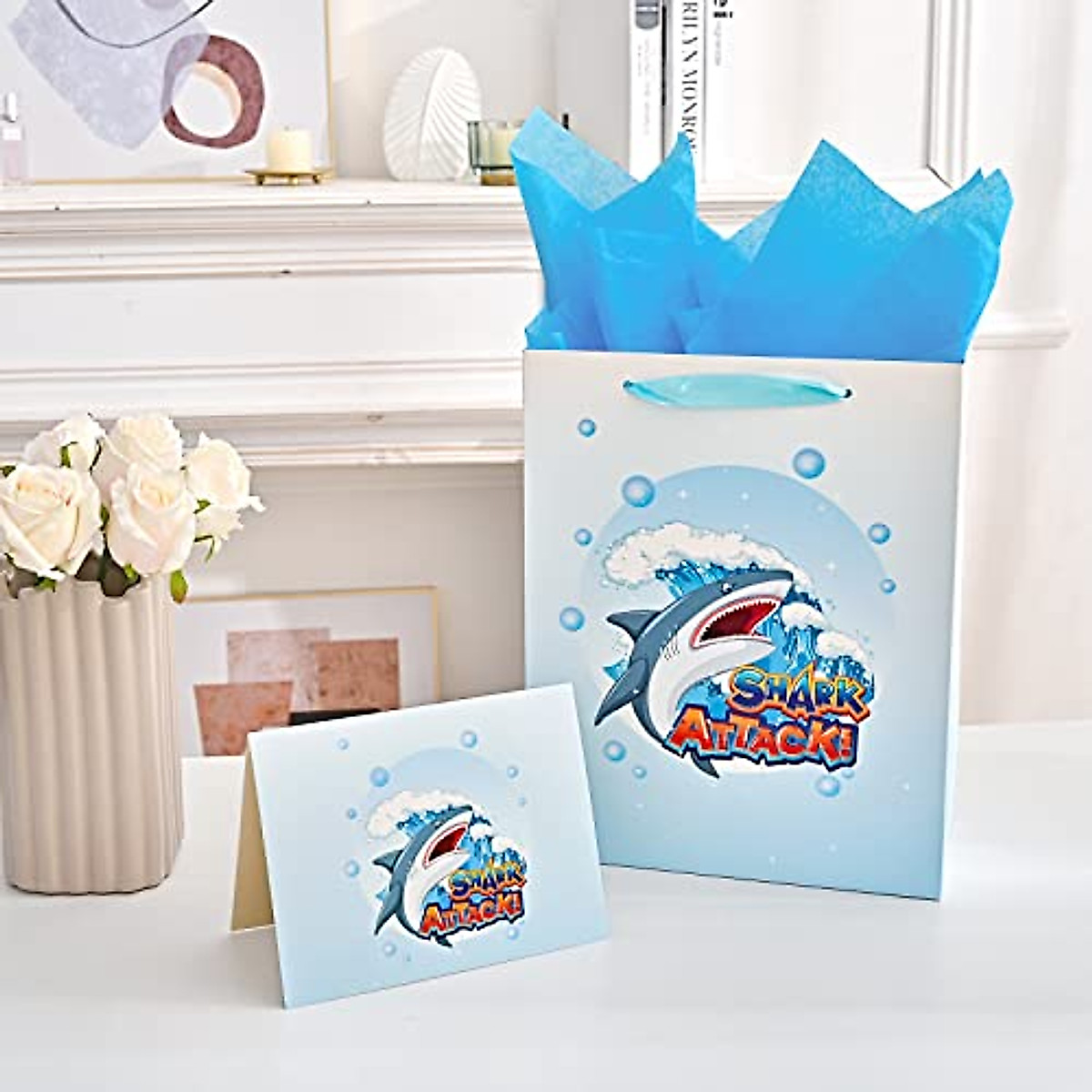 13" Large Shark Gift Bag for Boys Kids Birthday Baby Shower with Tissue Paper and Greeting Card