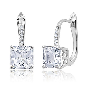 Square White Topaz Lever Back Earrings for Women in 925 Sterling Silver with Princess Cut November Birthstone Created White Sapphire Accents by Nicole Miller Fine Jewelry