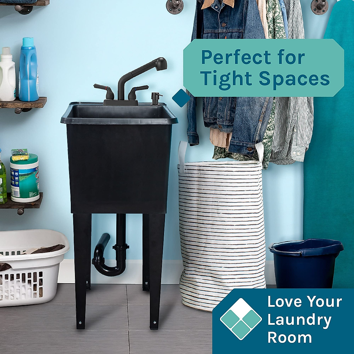 Space Saver Utility Sink by JS Jackson Supplies, Pull-Out Faucet, Soap Dispenser, Black Tub (Black)