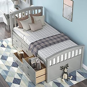 Merax Platform Storage Bed Solid Wood Bed with 6 Drawers Twin Size