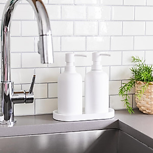 Yew Design - Matte White Soap Dispenser Set with Tray, 2 Pack 15oz Round Rustproof Liquid Hand Dish Soap Dispensers with Tray for Kitchen Sink, Countertop, and Bathroom