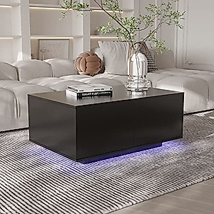 LED Coffee Table with Storage Drawers, High Glossy Coffee Table with LED Lights for Living Room, Modern Living Room Center Table Rectangular, Black (Style1, Black)