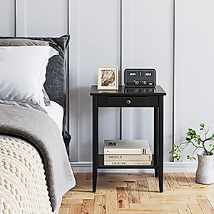 IDEALHOUSE Black End Table with Drawer, Side Table for Living Room Bedroom, Wood Nightstand with Shelf, 2-Tier Storage Bedside Table Accent Table Small Table for Small Places