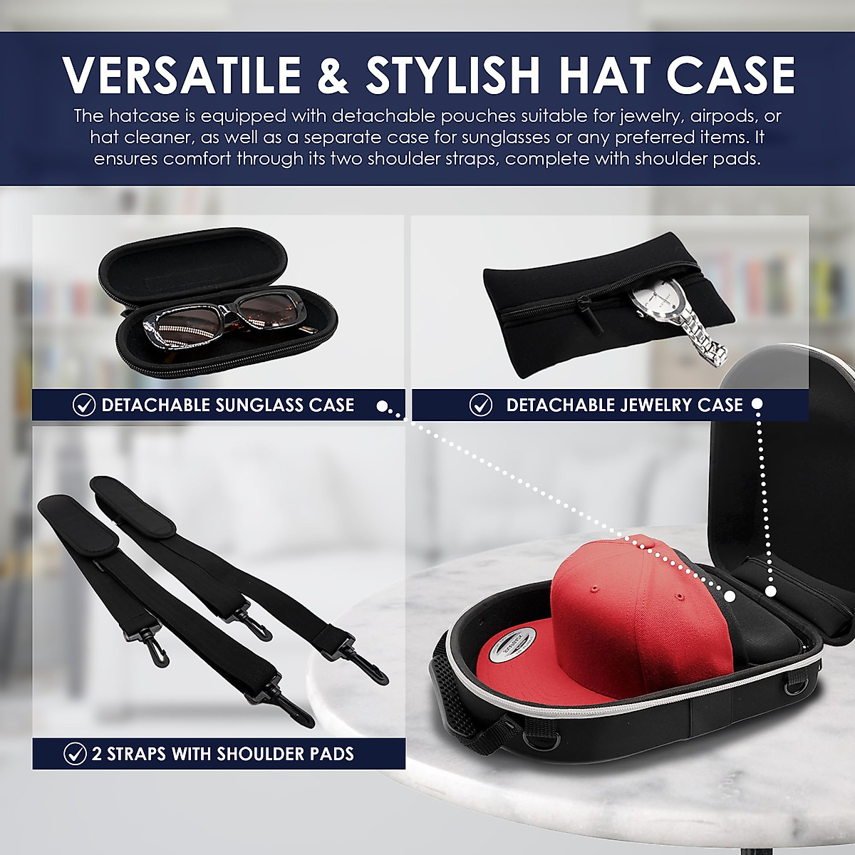 MyGo2 Hat Travel Hard Case | Storage bag for Hats, Hat Carrier Box for Baseball Caps | Hat Organizer Case with Adjustable Shoulder Straps, Detachable Jewelry Case and Detachable Sunglasses Case
