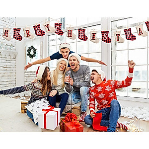 Merry Christmas Banner, Rustic Christmas Tree Ornaments Stocking Decorations, Unique Hand-Sewn Burlap Socks Shaped Christmas Tree Decorations, Stockings for Home Office Party Fireplace Decoration