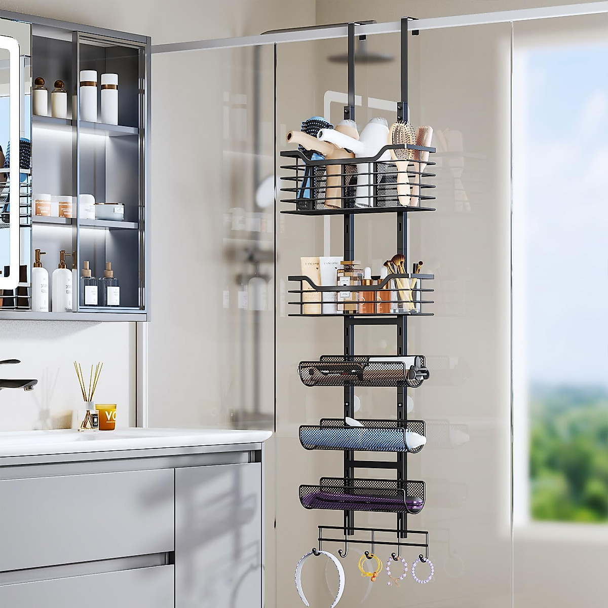 Consmest 6-Tier Hair Tool Organizer - Hair Dryer Holder Over The Door/Wall Mounted DIY Adjustable Shelf Bathroom Hair Styling Tool Organizer with Hook for Curling Iron/Blow Dryer/Straightener Black