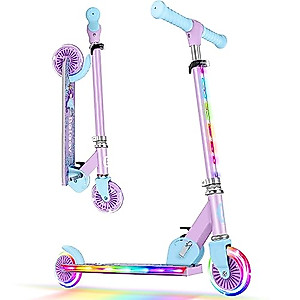 BELEEV Scooters for Kids Ages 3-12 with Light-Up Wheels & Stem & Deck, 2 Wheel Folding Scooter for Girls Boys, 3 Adjustable Height, Non-Slip Pattern Deck, Kick Scooter for Children (Purple)